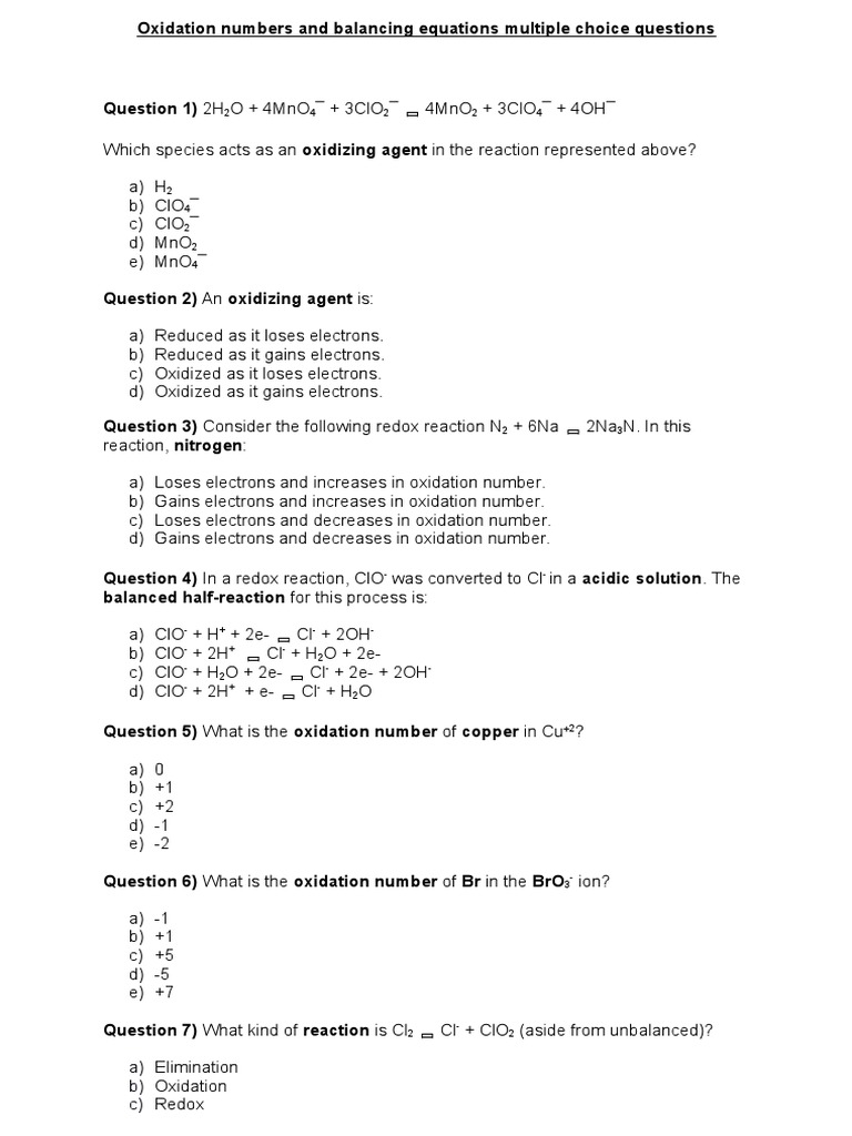 Oxidation Numbers and Balancing Equations Multiple Choice Questions ...