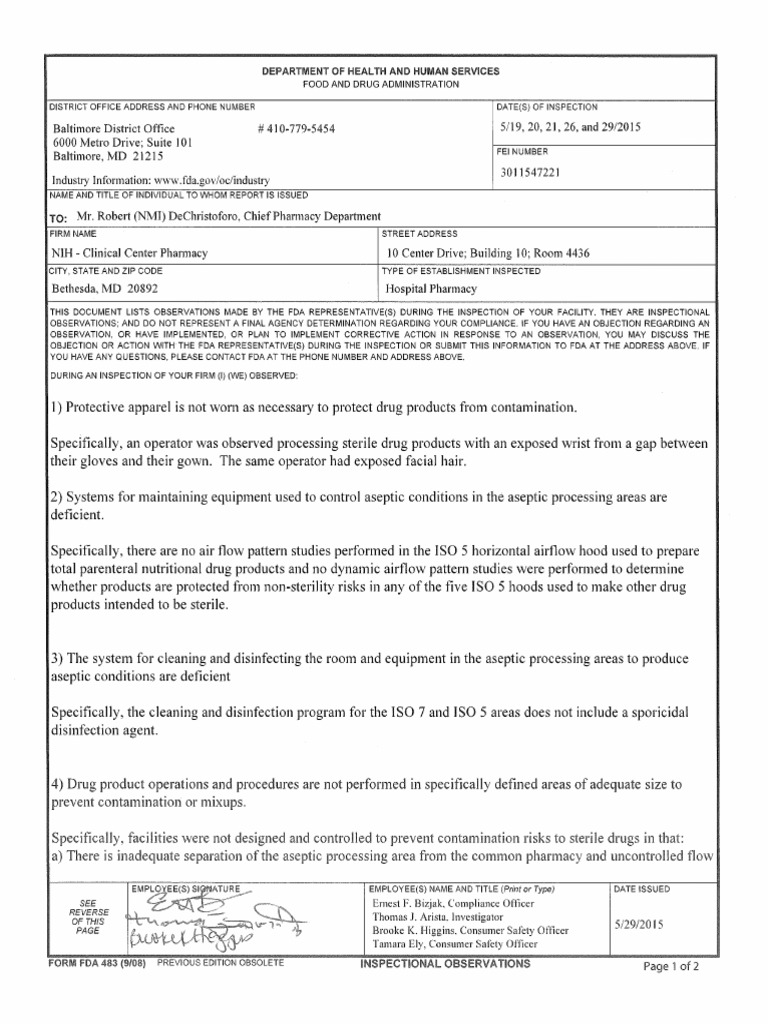 Departmentofhealthandhuman Services: Inspectional Observations | PDF ...