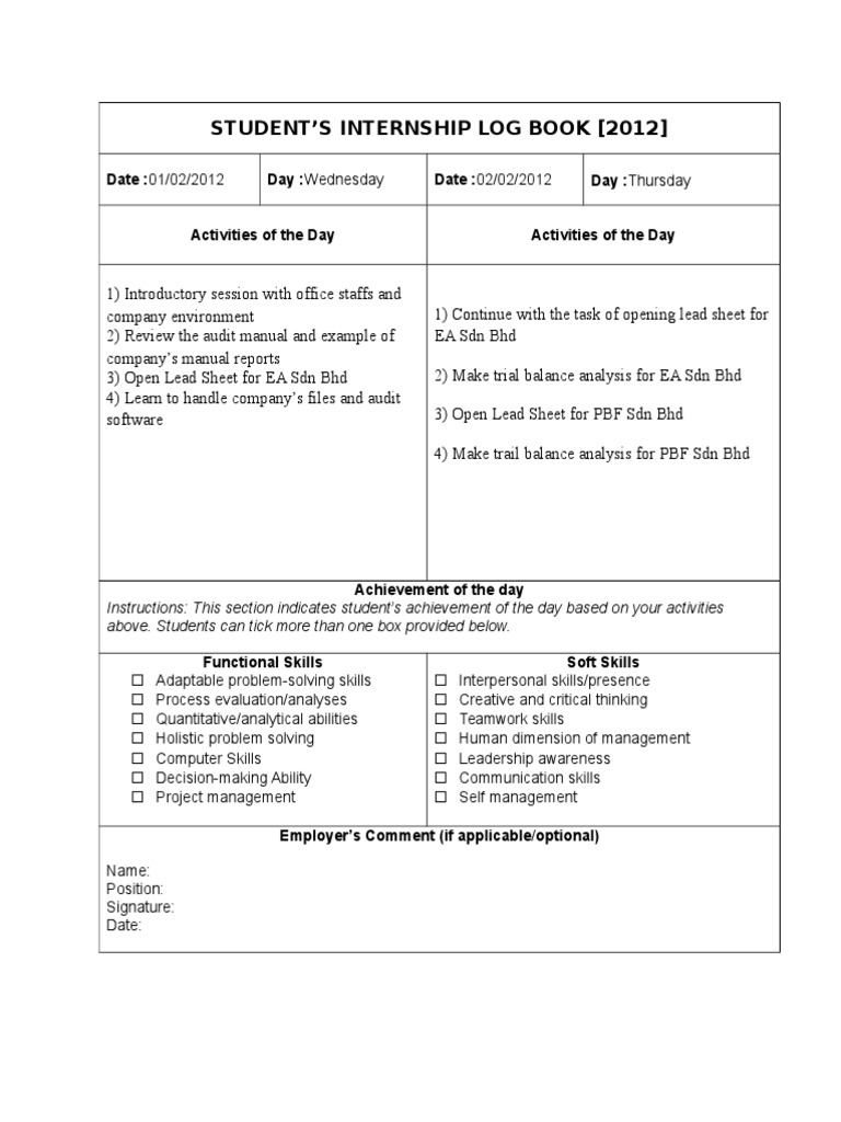 Student'S Internship Log Book (2012) : Date:01/02/2012 Day:Wednesday ...