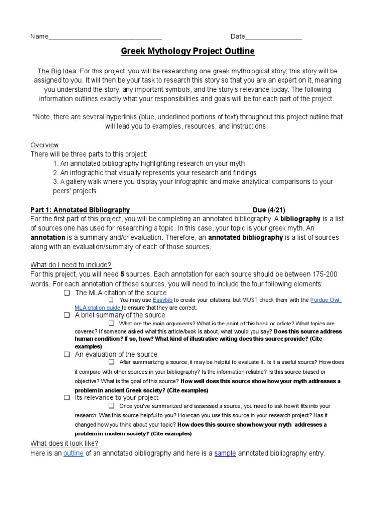 Greek Mythology Project Outline: Part 1: Annotated Bibliography Due (4/ ...