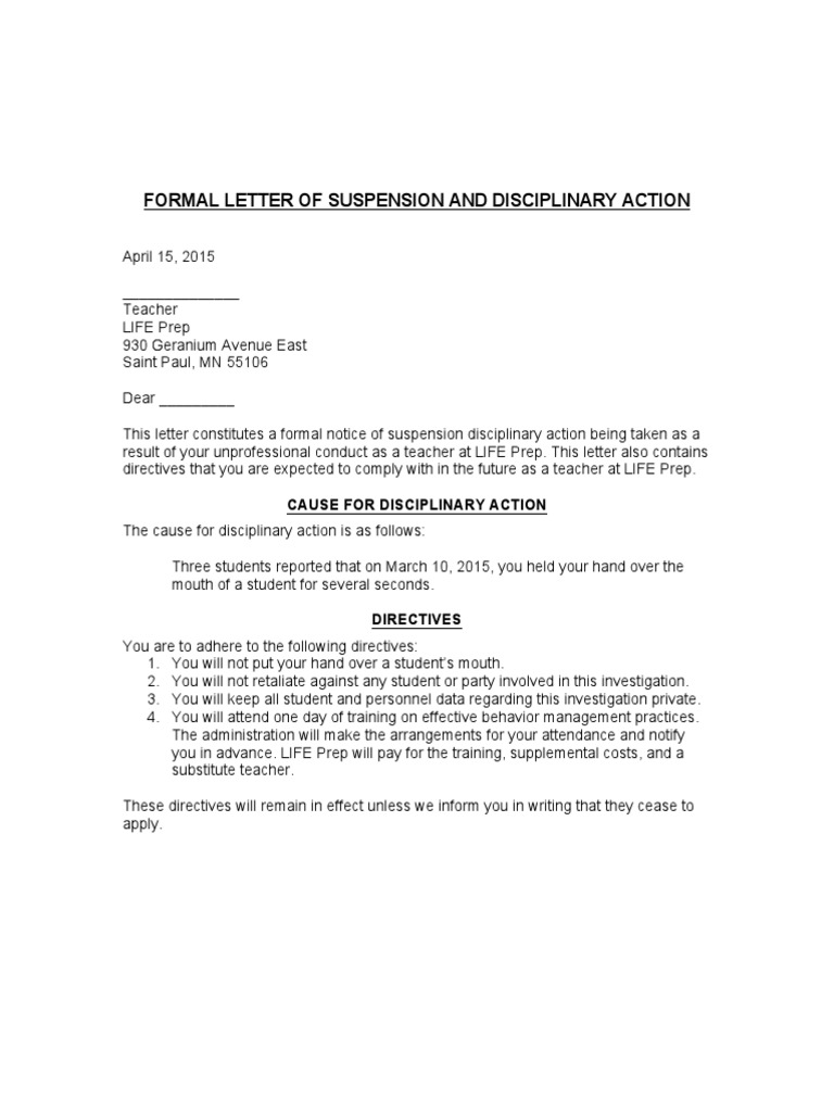 School Suspension Letter
