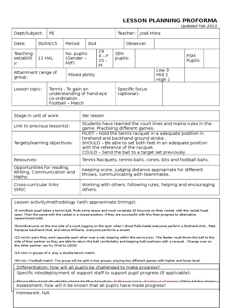 Lesson Planning Proforma Tennis-football Year11 | Lesson Plan | Learning