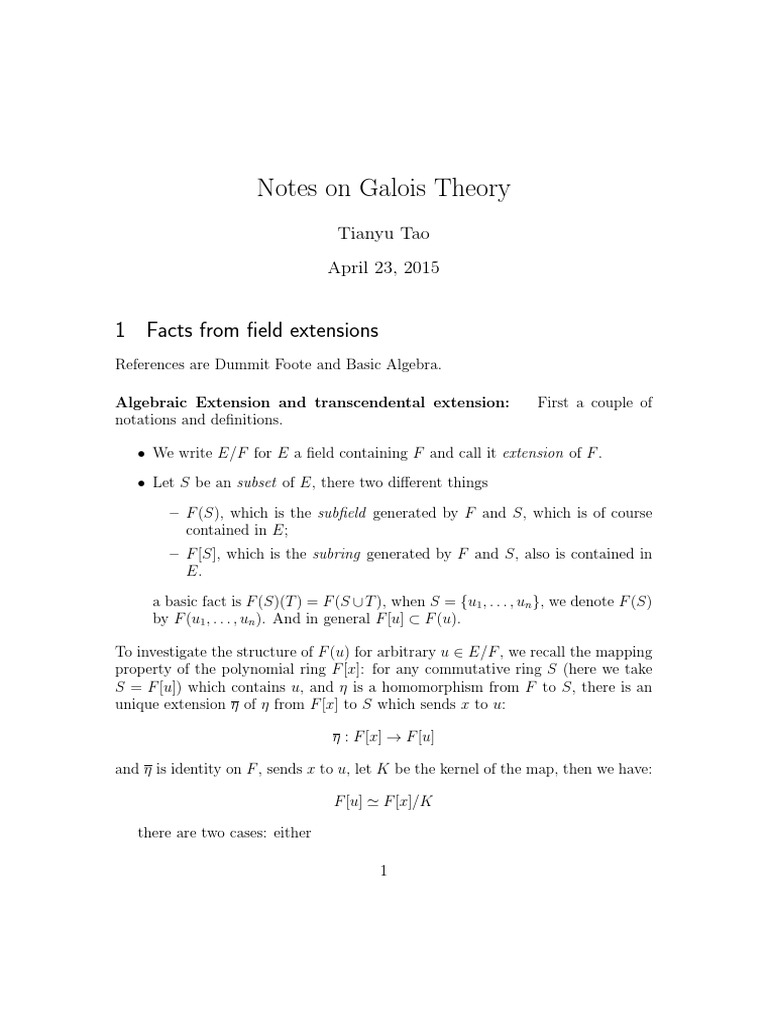 Notes On Galois Theory: 1 Facts From Field Extensions | PDF | Field ...