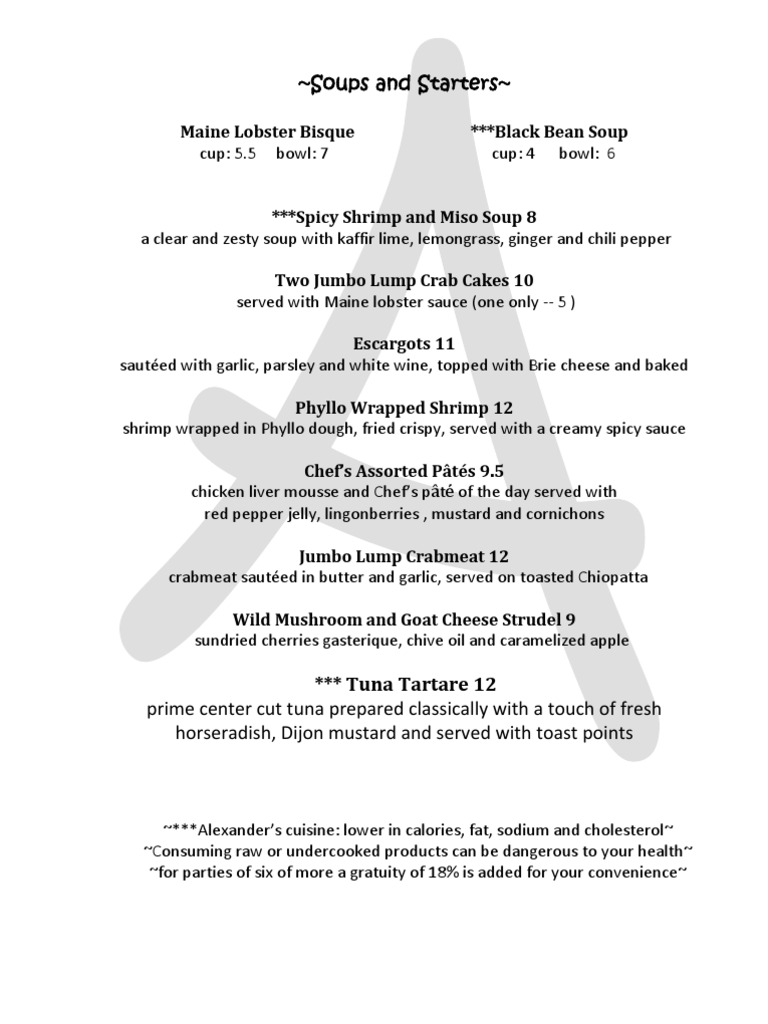 Alexander S Dinner Menu | PDF | Grilling | Salad