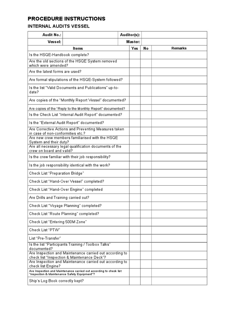 Check List Internal Audit Vessel | PDF | Auditor's Report | Audit