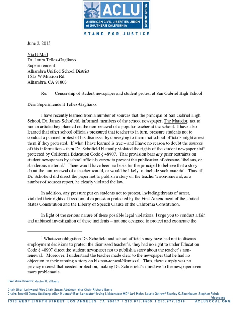 ACLU Letter To Alhambra Unified School District | PDF | Defamation ...