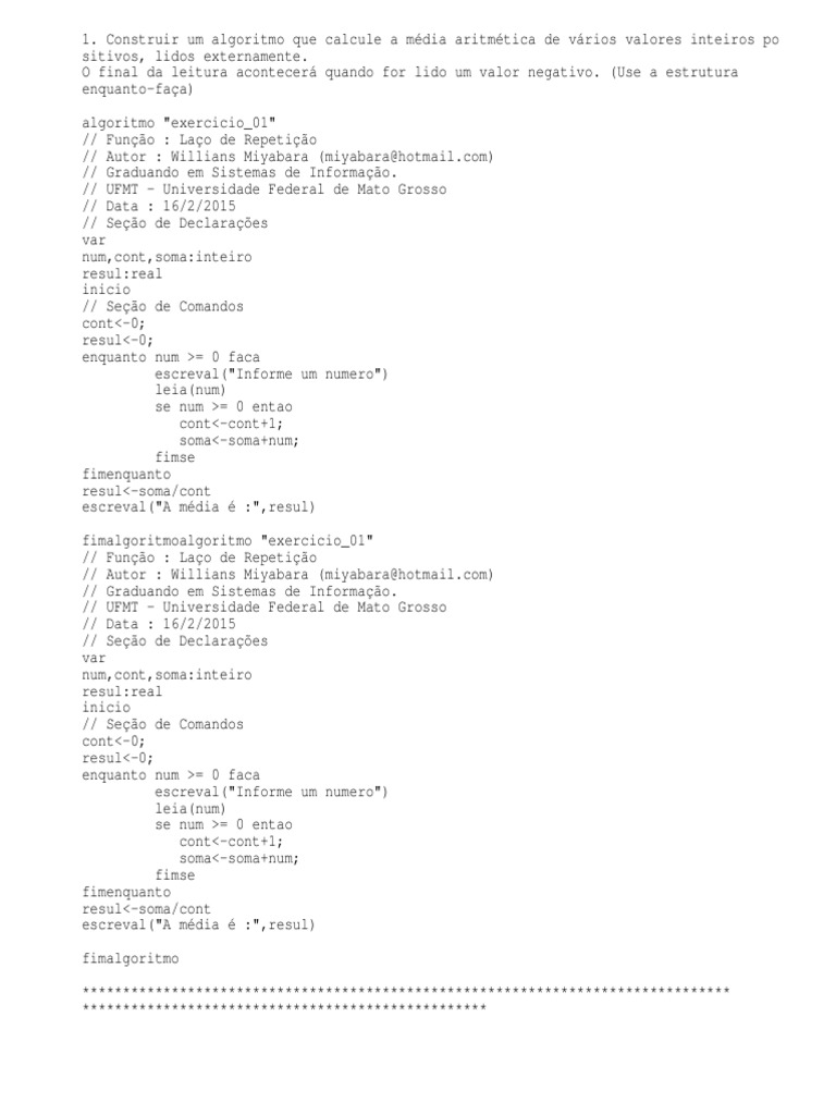 Exercicios Resolvidos VisuAlg | PDF | Média | Ensino de Matemática