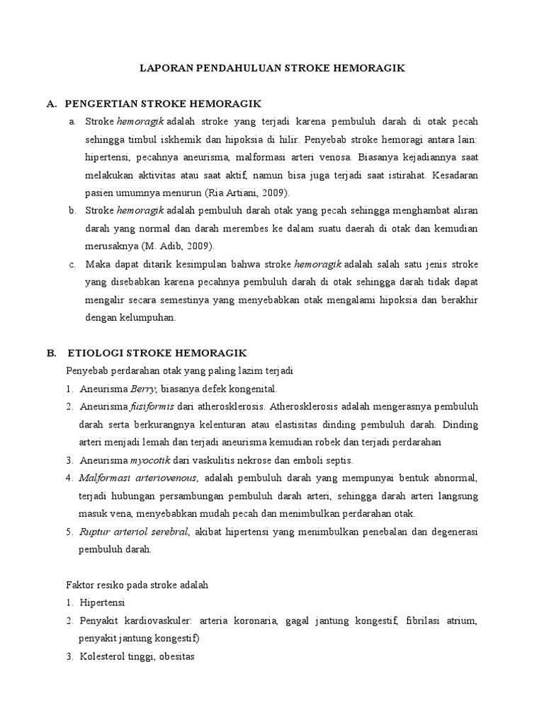 Laporan Pendahuluan Stroke Hemoragik Dan Non Hemoragik | PDF