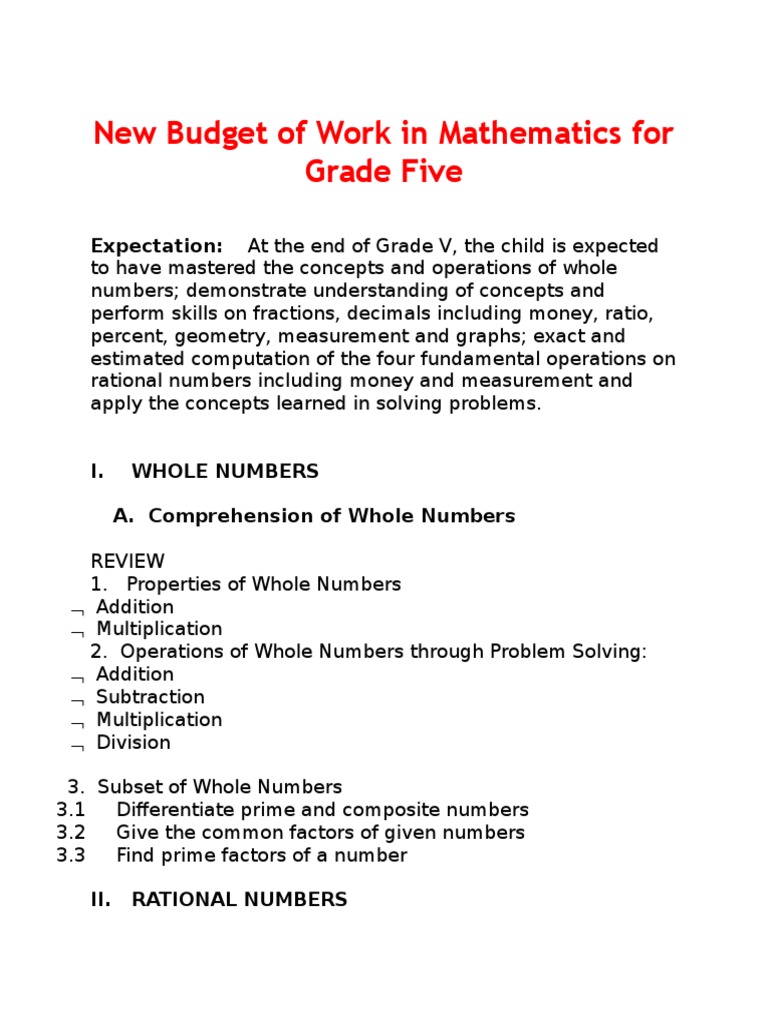 New Budget of Work in Mathematics For Grade Five | PDF | Fraction ...