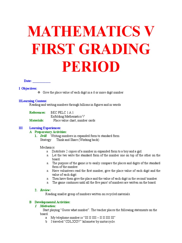Mathematics V LP 1ST To 4TH Grading | PDF | Subtraction | Multiplication