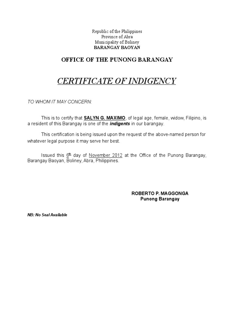 Certificate of Indigency for Salyn G. Maximo Issued by the Punong Barangay of Barangay Baoyan in ...