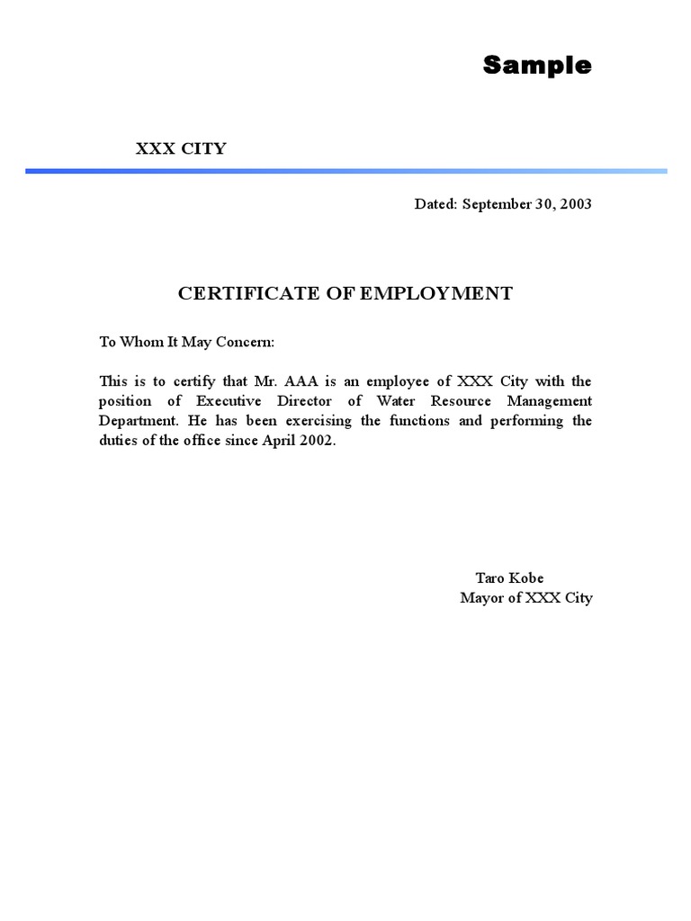 Certification Of Employment Template