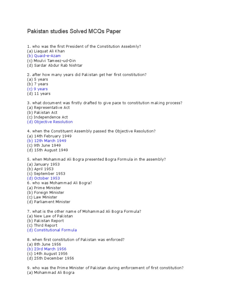 Pakistan Studies MCQs | PDF | Muhammad Ali Jinnah | All India Muslim League
