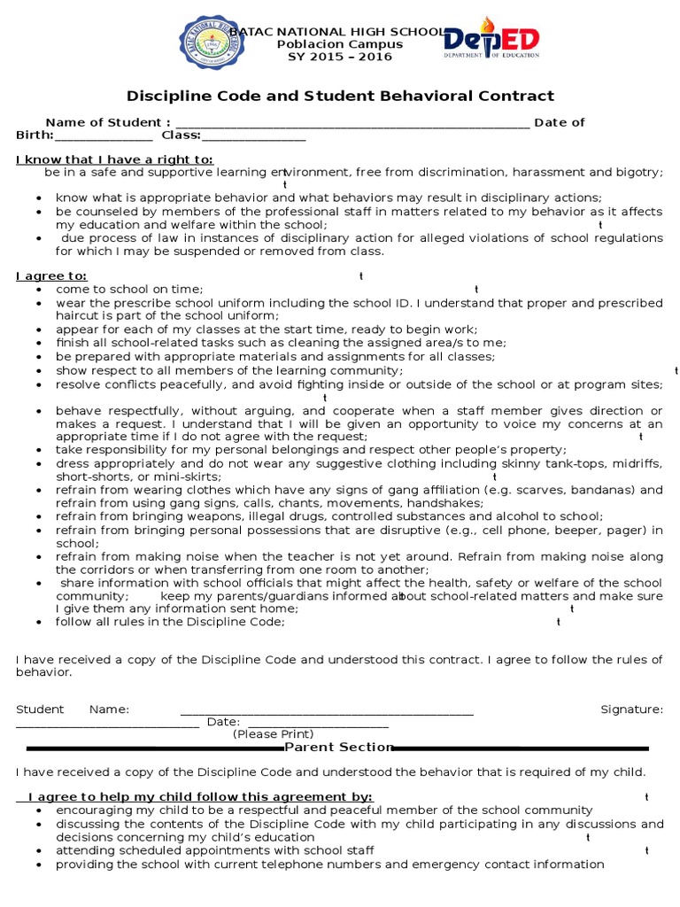 Batac National High School Student Discipline Code and Behavioral ...