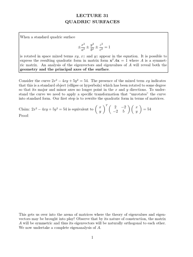 Lecture 31 Quadric Surfaces | PDF | Eigenvalues And Eigenvectors ...