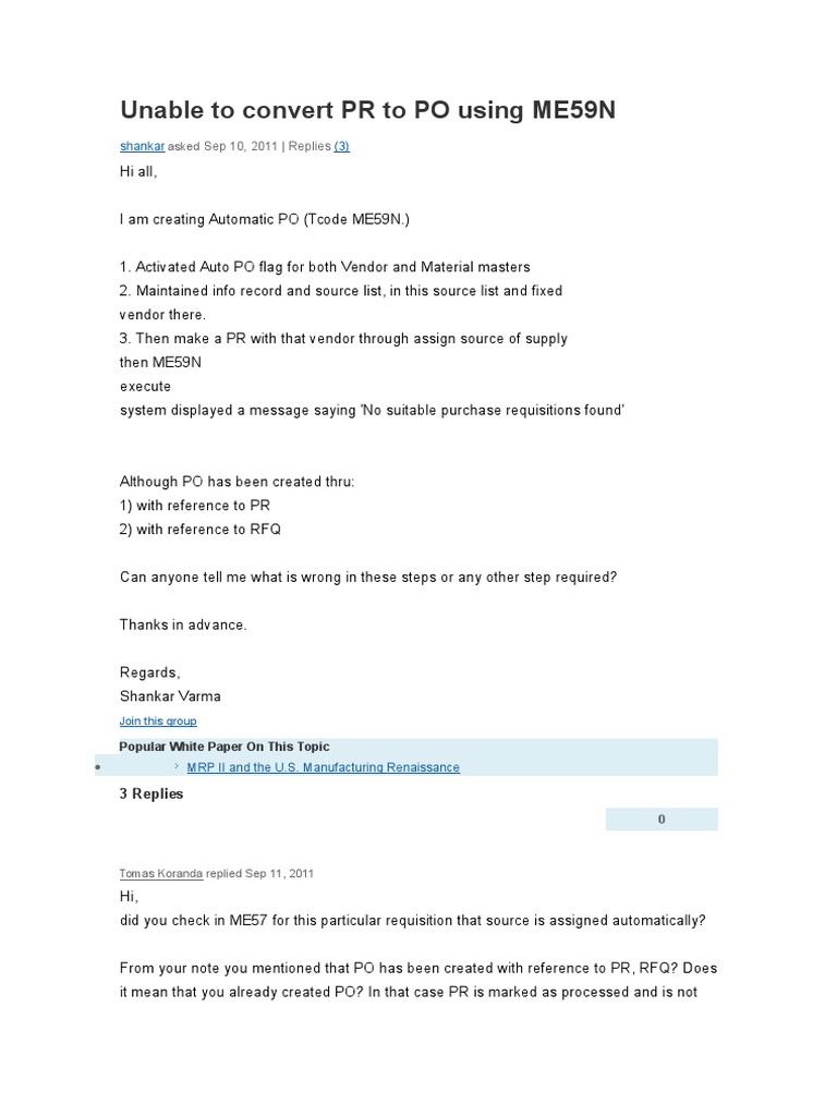 Unable To Convert PR To PO Using ME59N: Shankar | PDF | Career & Growth
