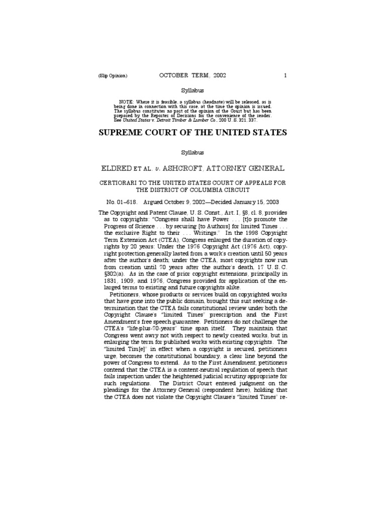 Eldred V Ashcroft Supreme Court Opinion | PDF | First Amendment To The ...