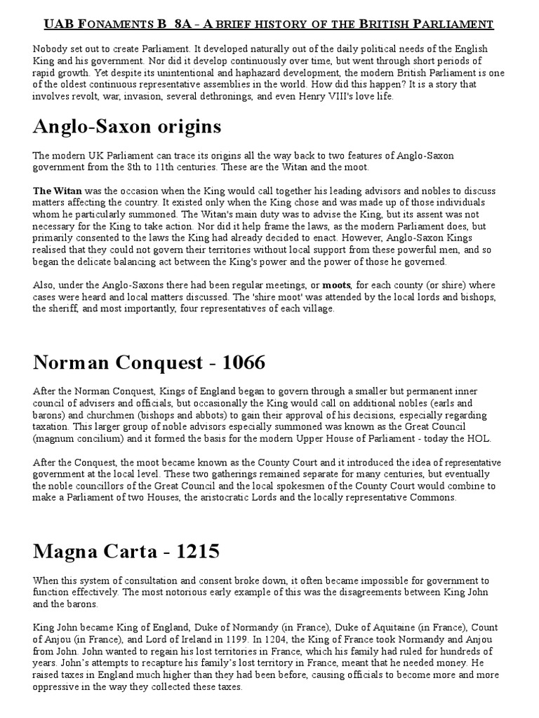 Brief History of the British Parliament | PDF | Parliament Of The ...