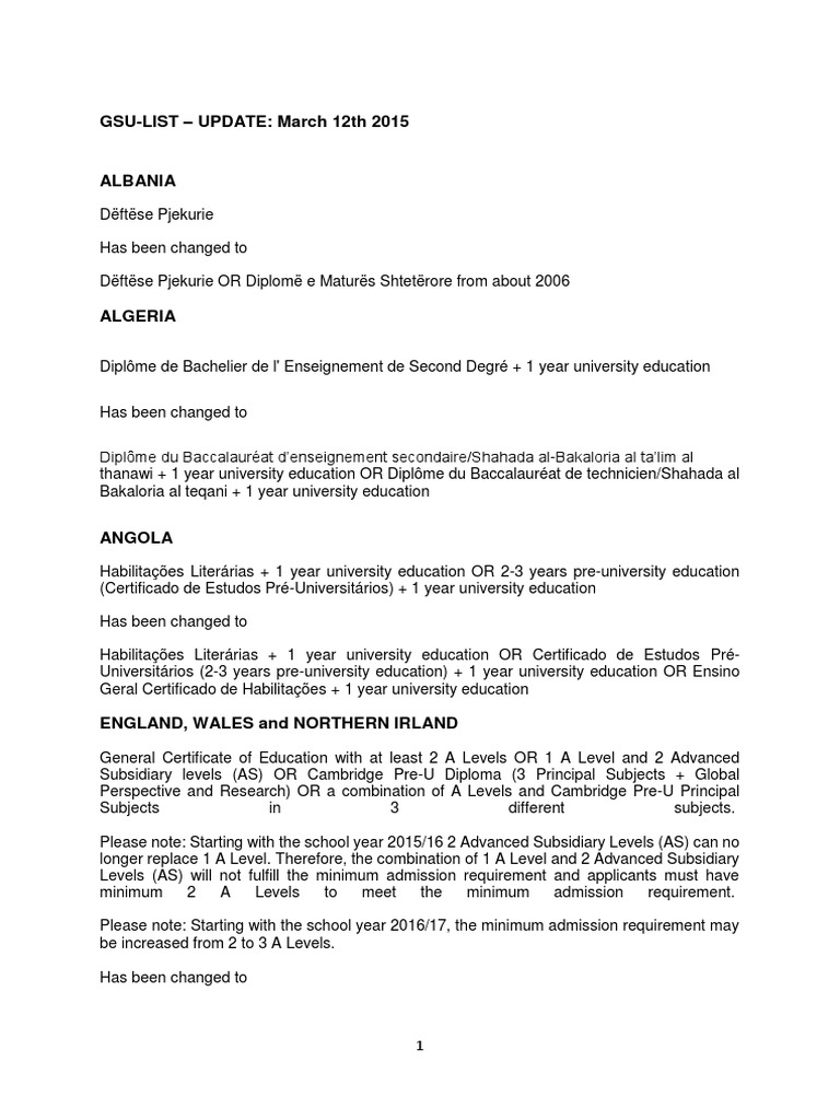 GSU List Updates: Education Requirements | PDF | Gce Advanced Level ...
