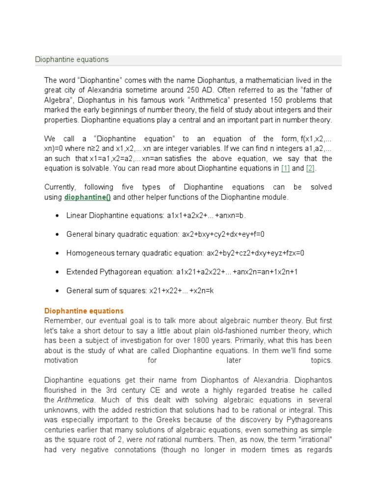 An Introduction To Diophantine Equations From Their Origins With Diophantus To Modern