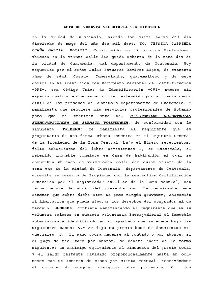 Acta de Subasta Voluntaria Sin Hipoteca | PDF | Subasta | Guatemala