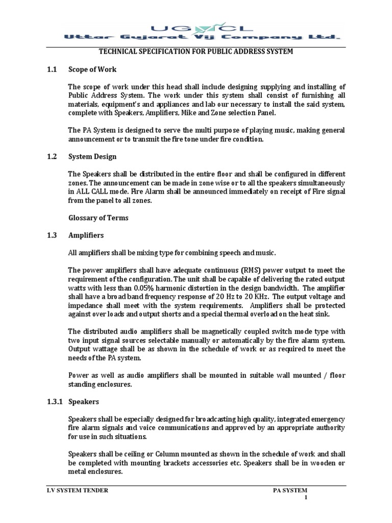 Pa System Analogue Specification | PDF | Amplifier | Loudspeaker