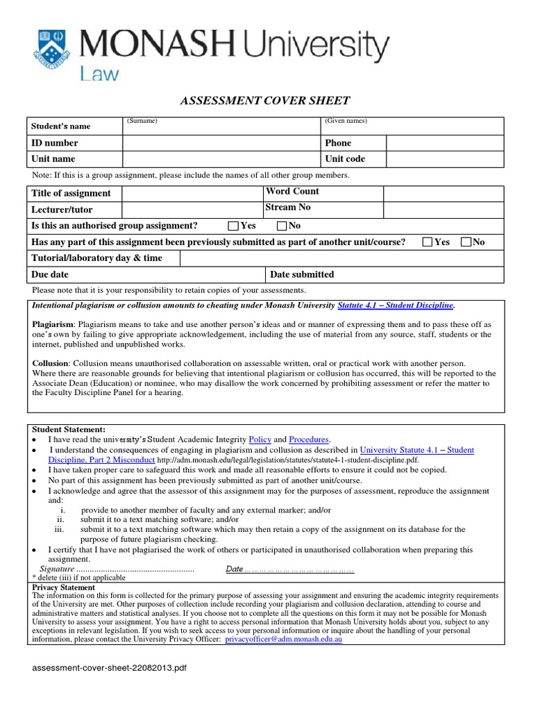 Assessment Cover Sheet 2013 | PDF | Academic Integrity | Plagiarism