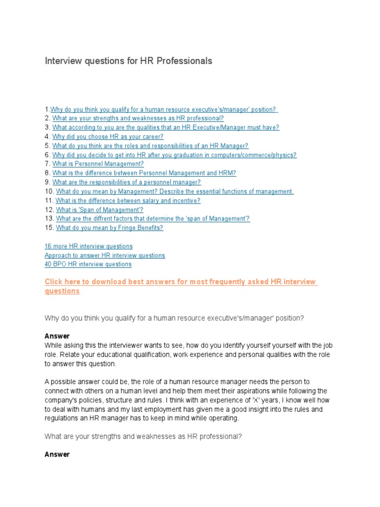 Interview Questions For HR Professionals | PDF | Human Resource ...