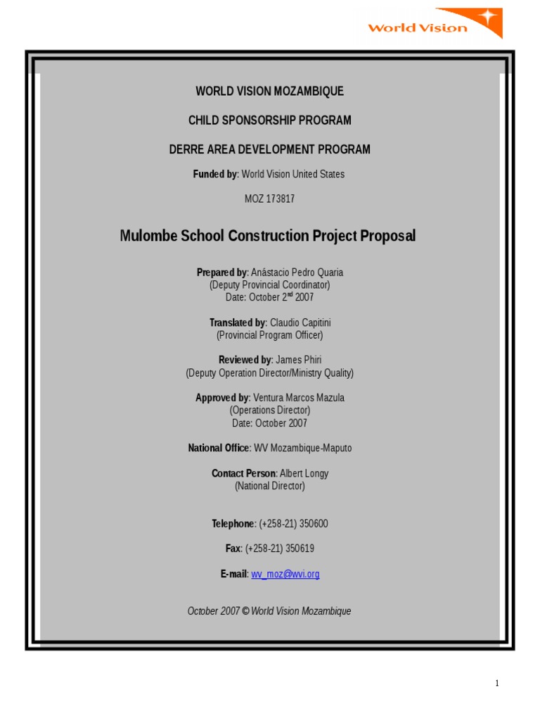 PROPOSTAMulombe School Construction Project Proposal | PDF | World Vision International | Classroom