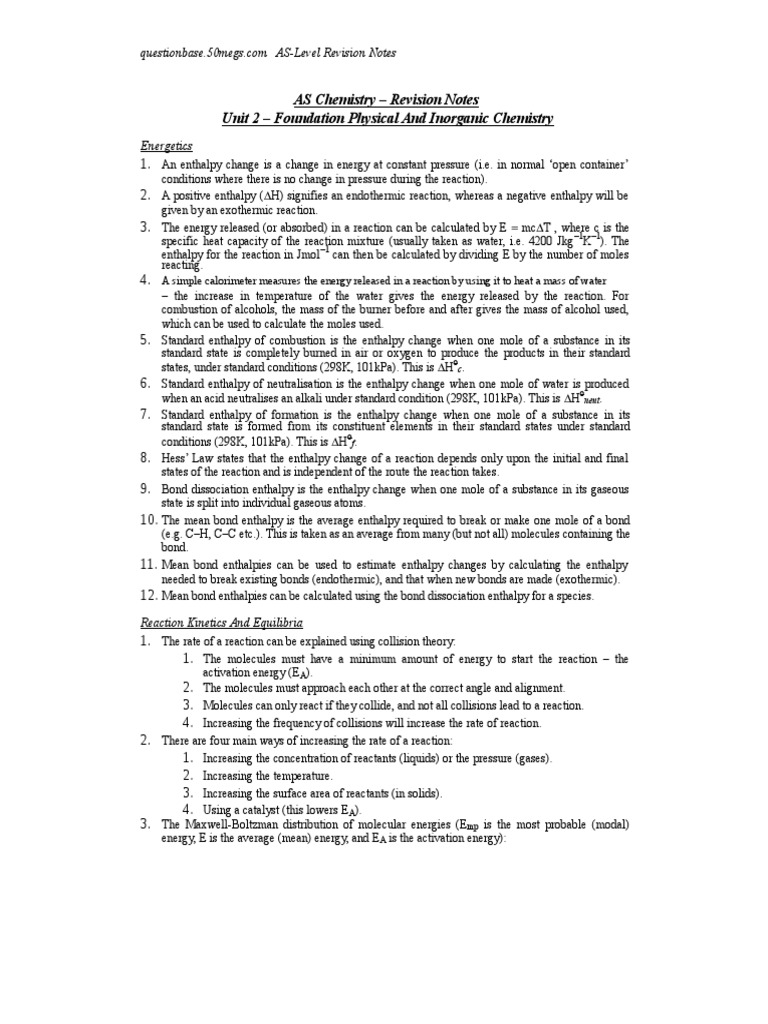 AS Chemistry - Revision Notes Unit 2 - Foundation Physical and ...
