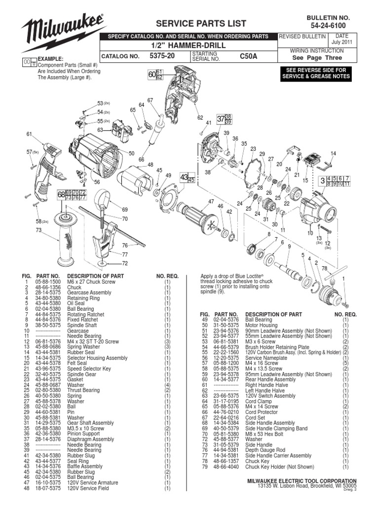 Service Parts List: 1/2" Hammer-Drill | PDF | Screw | Bearing (Mechanical)