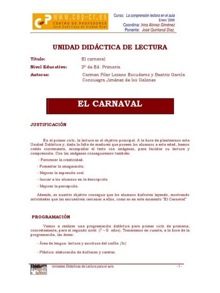 Actividades de Lectura: El Carnaval 2º Grado | PDF | Lectura (proceso ...