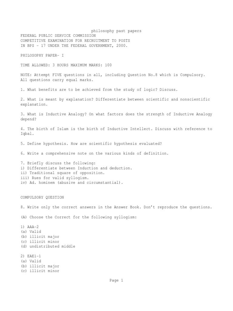 Philosophy Past Papers 2000 (CSS) | PDF | Inductive Reasoning | Argument