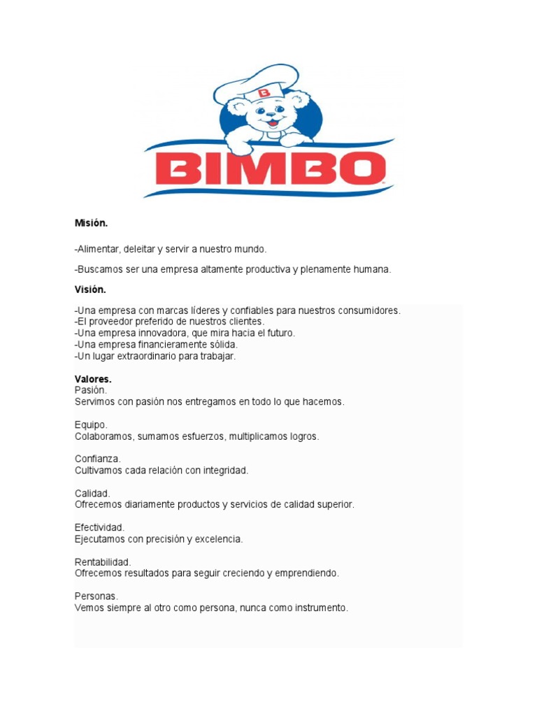 Misión, Visión y Valores de Bimbo | PDF | Alimentos | Business