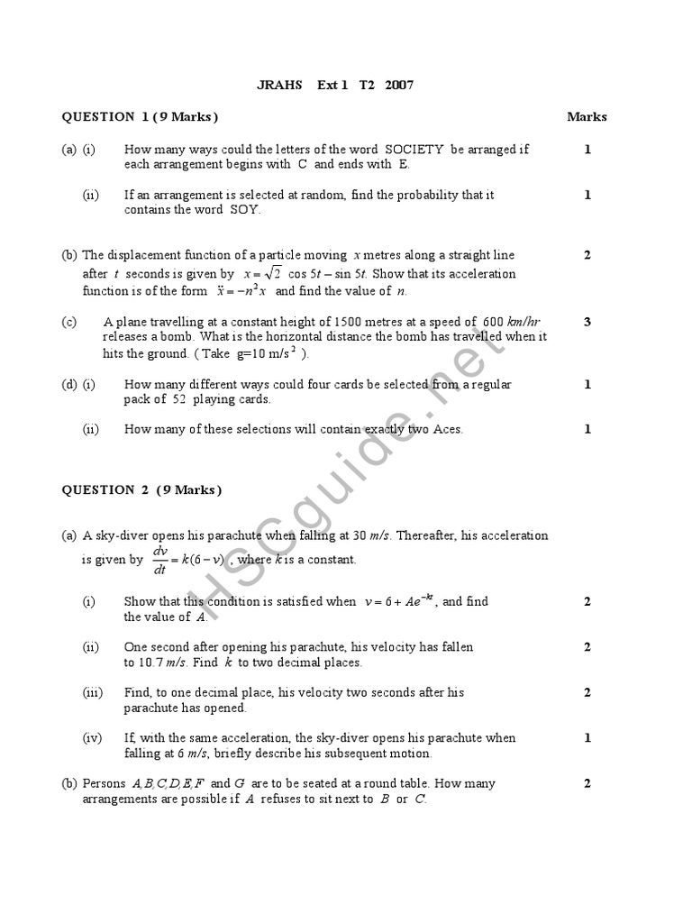 JR HSC Maths 3unit Term 2 2007 | PDF | Acceleration | Velocity