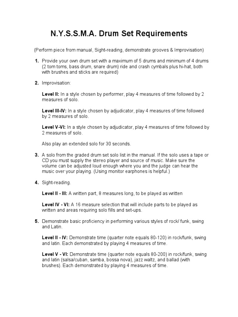 Nyssma Drum Set Requirements | PDF | Drum Kit | Music Theory