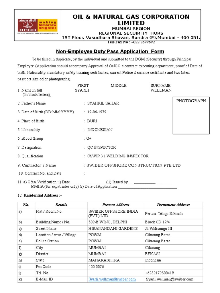Blank - OnGC NED Pass Application Form | PDF | Identity Document ...