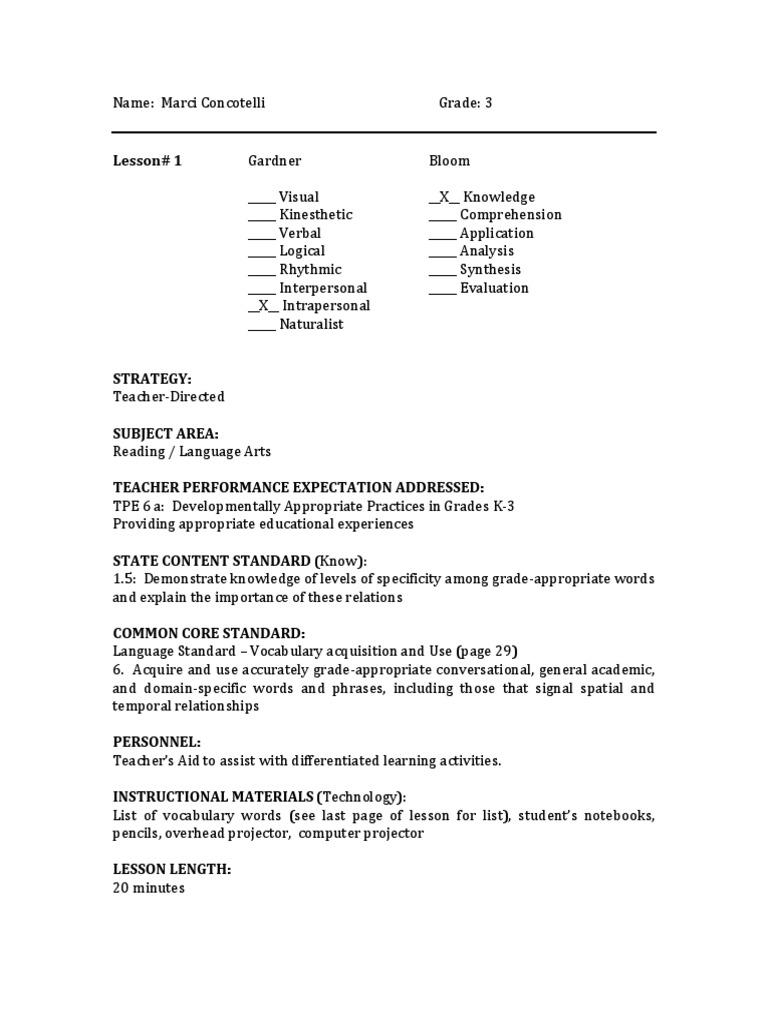 Grade 3 Vocabulary Lesson Plan | PDF | Attention Deficit Hyperactivity ...