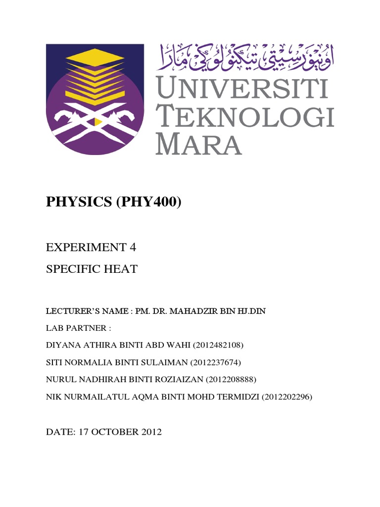 Physics (Phy400) : Experiment 4 Specific Heat | PDF | Heat Capacity ...