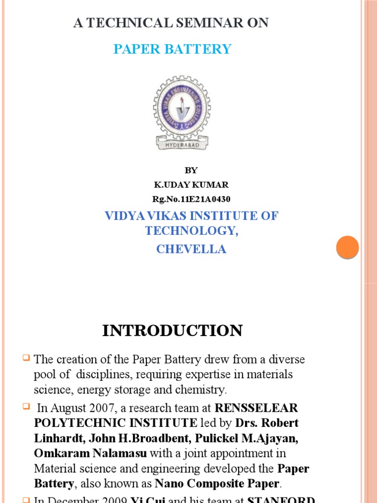 A Technical Seminar On: Paper Battery | PDF | Battery (Electricity ...