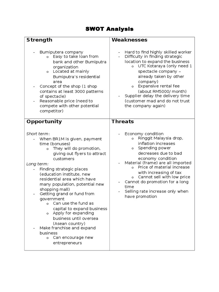 Bumiputera Optics Business SWOT | PDF | Business