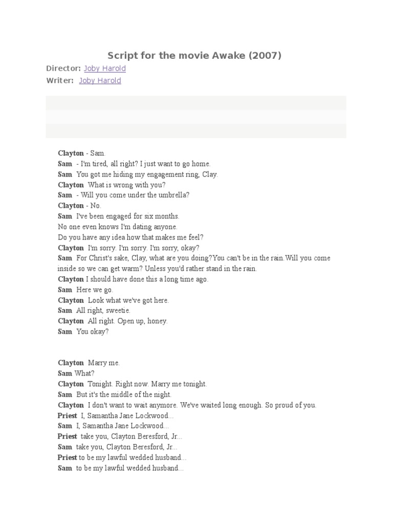 Awake (2007) Movie Script | PDF | Mystery, Thriller & Crime Fiction