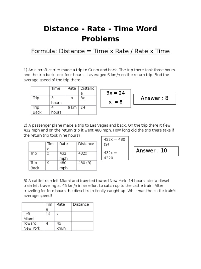 Distance - Rate - Time Word Problems | PDF | Travel | Language Arts ...