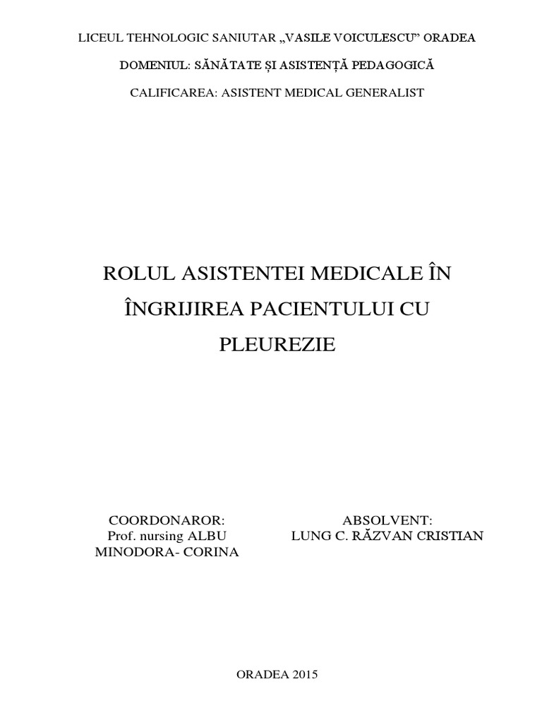 Rolul Asistentei Medicale În Îngrijirea Pacientului Cu Pleurezie | PDF