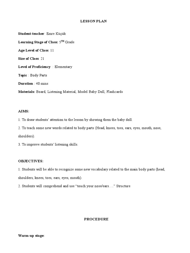 Lesson Plan Body Parts | PDF | Lesson Plan | Pedagogy