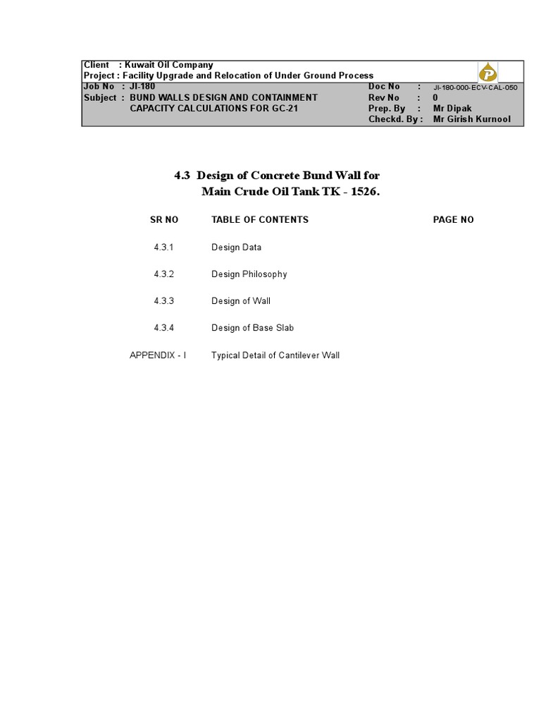 Bund Wall Design Calculations for Oil Tank | PDF | Civil Engineering ...