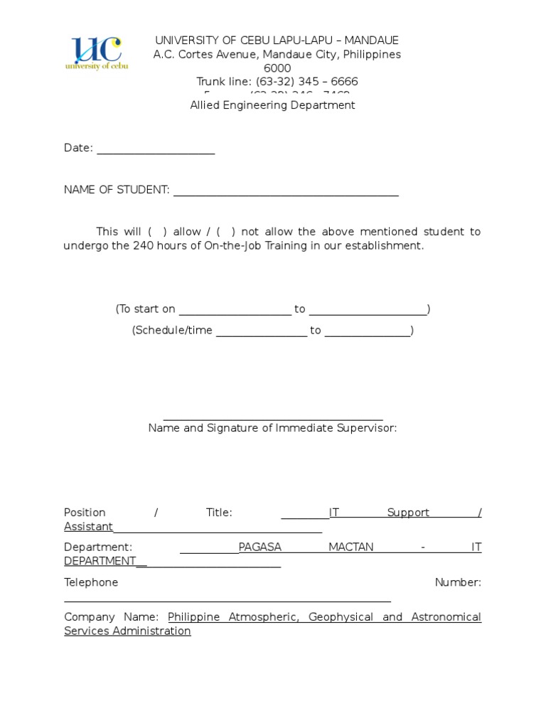 OJT Acceptance Letter Template | PDF