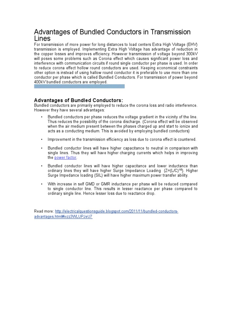 Advantages of Bundled Conductors in Transmission Lines | PDF