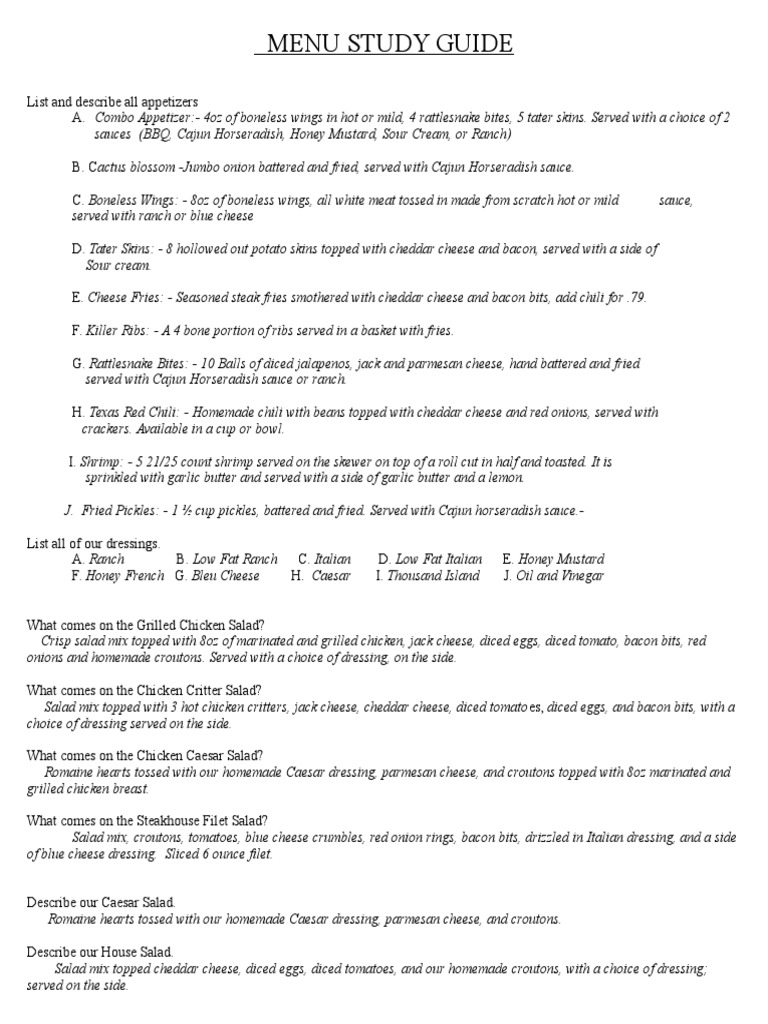 Server Menu Test Answer Key | PDF | Hamburgers | French Fries