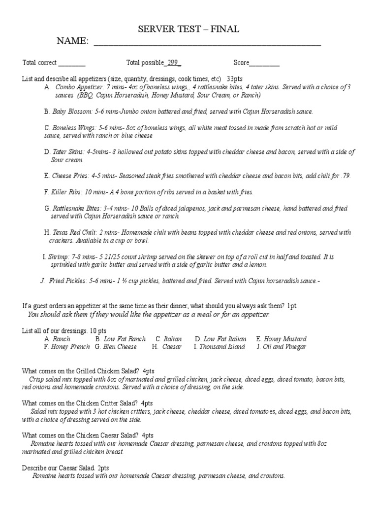 Server Menu Test Answer | PDF | Salad | Hamburgers